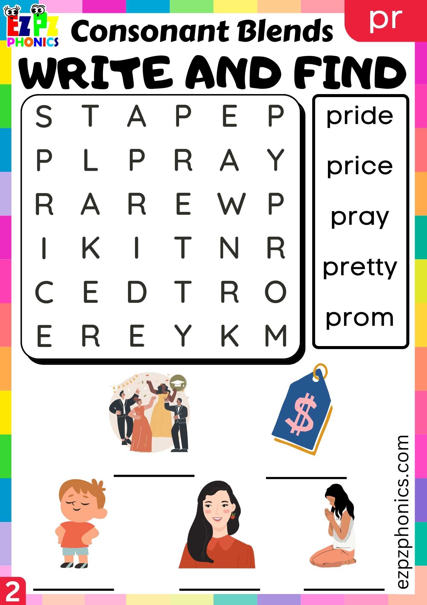 Group2 PR Words Write And Find Phonics Consonant Blends Worksheet - ezpzphonics.com